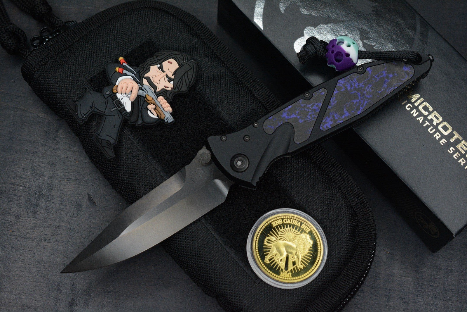 RARE Microtech Socom DLC Spike Grind Purple Haze Fat CF w/ Playge Bead ...